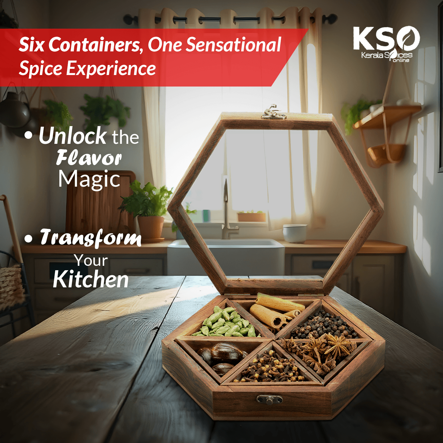Wooden box for spices gift (Hexagonal& 6 Containers) - Kerala Spices