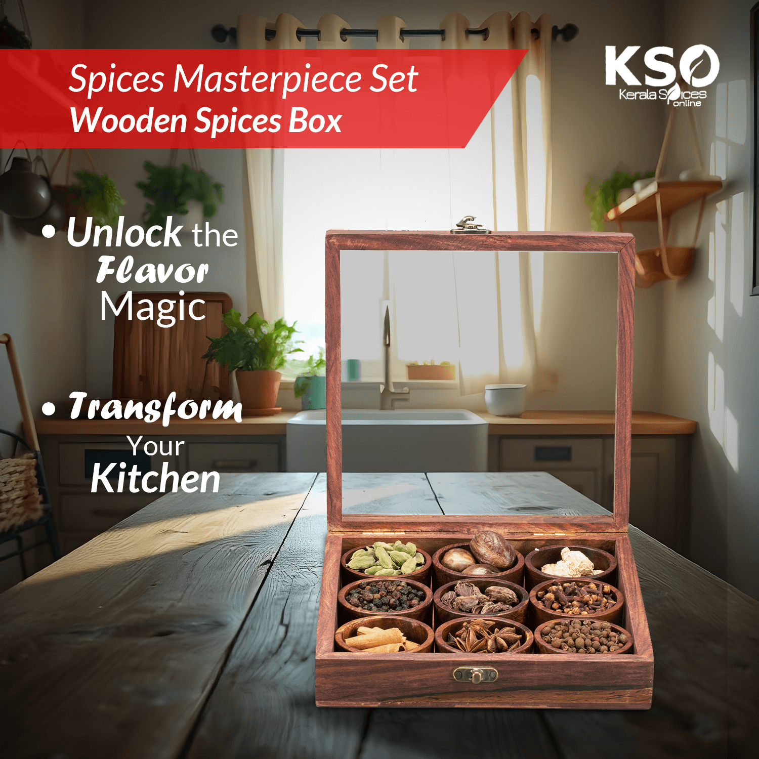 Spices box- 9 in1 Wooden box- Strong Spicy Spices from Kerala