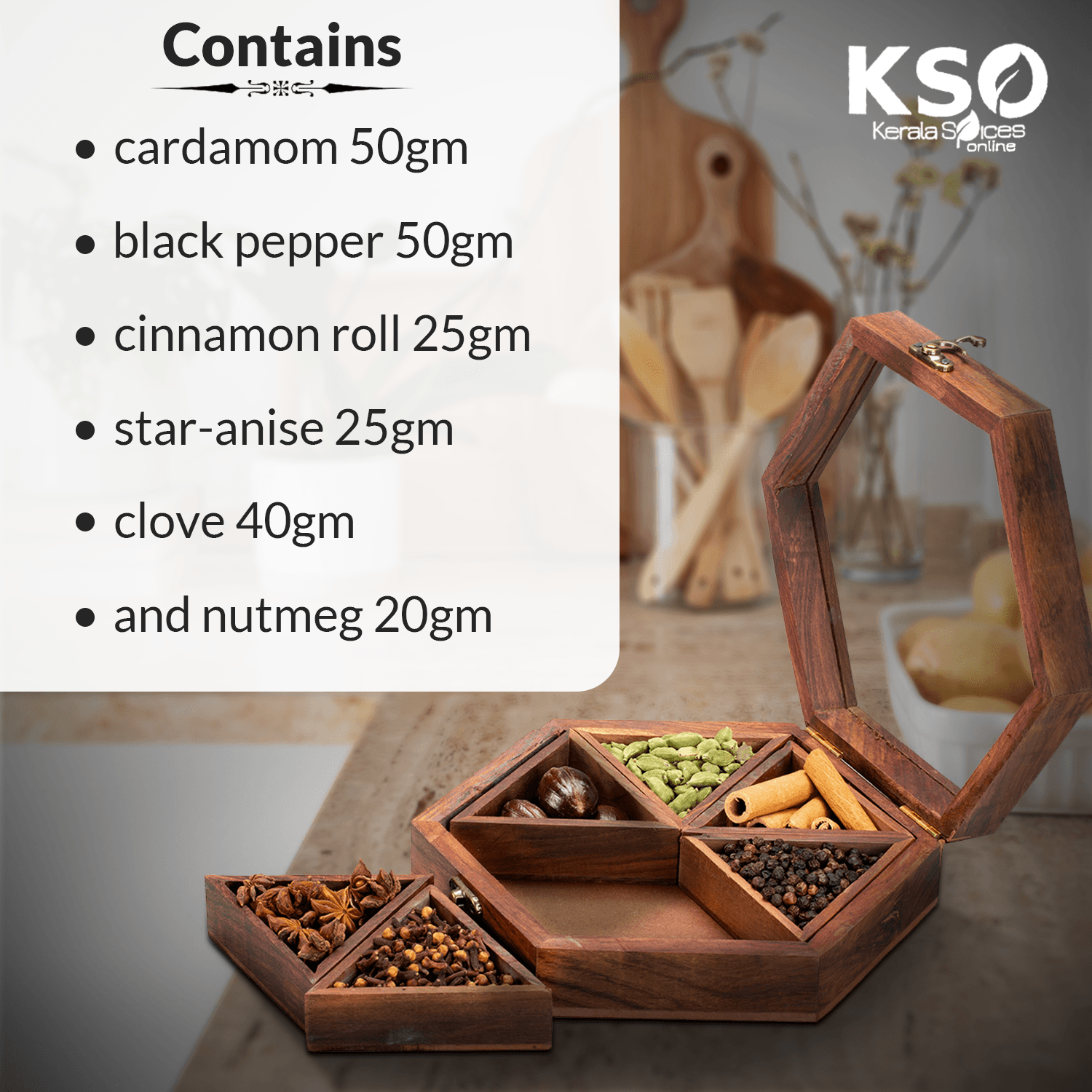 Wooden box for spices gift (Hexagonal& 6 Containers) - Kerala Spices